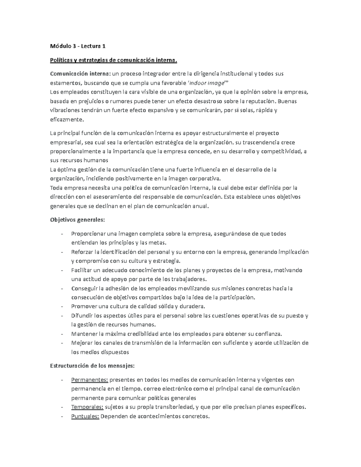 Resumen M3 Comunicación Organizacional - Módulo 3 - Lectura 1 Políticas y estrategias de - Studocu