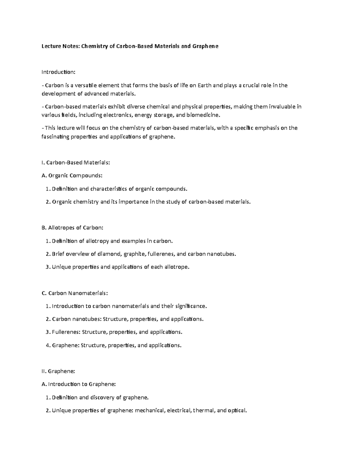 Lecture Notes: Chemistry of Carbon-Based Materials and Graphene ...