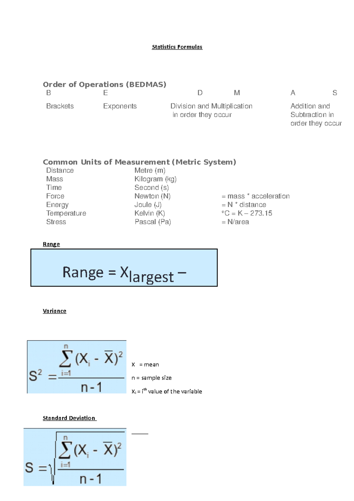 Statistics Formulas - Summary Skills and Concepts in Geography II ...