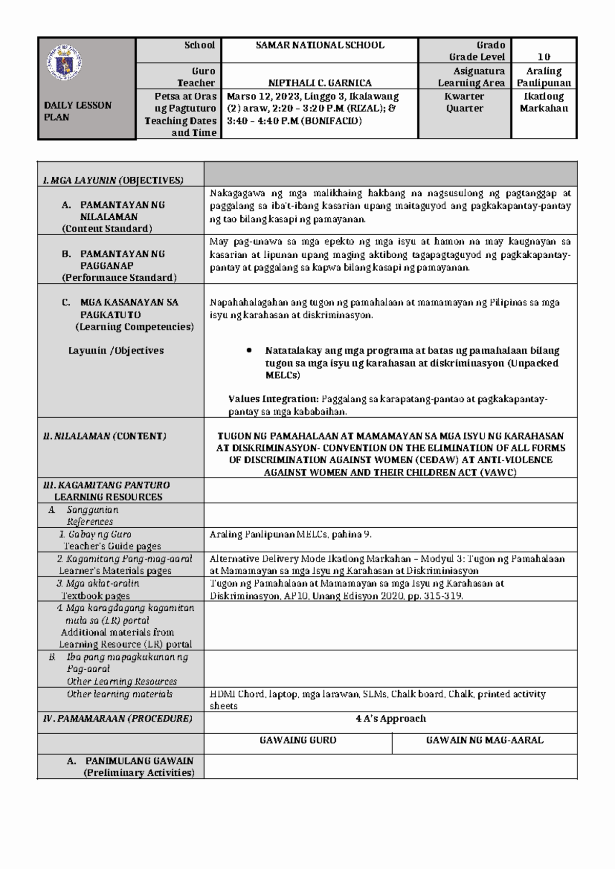 DONE Detailed Lesson Plan DAY 1 Cedaw and VOWC DONE - DAILY LESSON PLAN ...