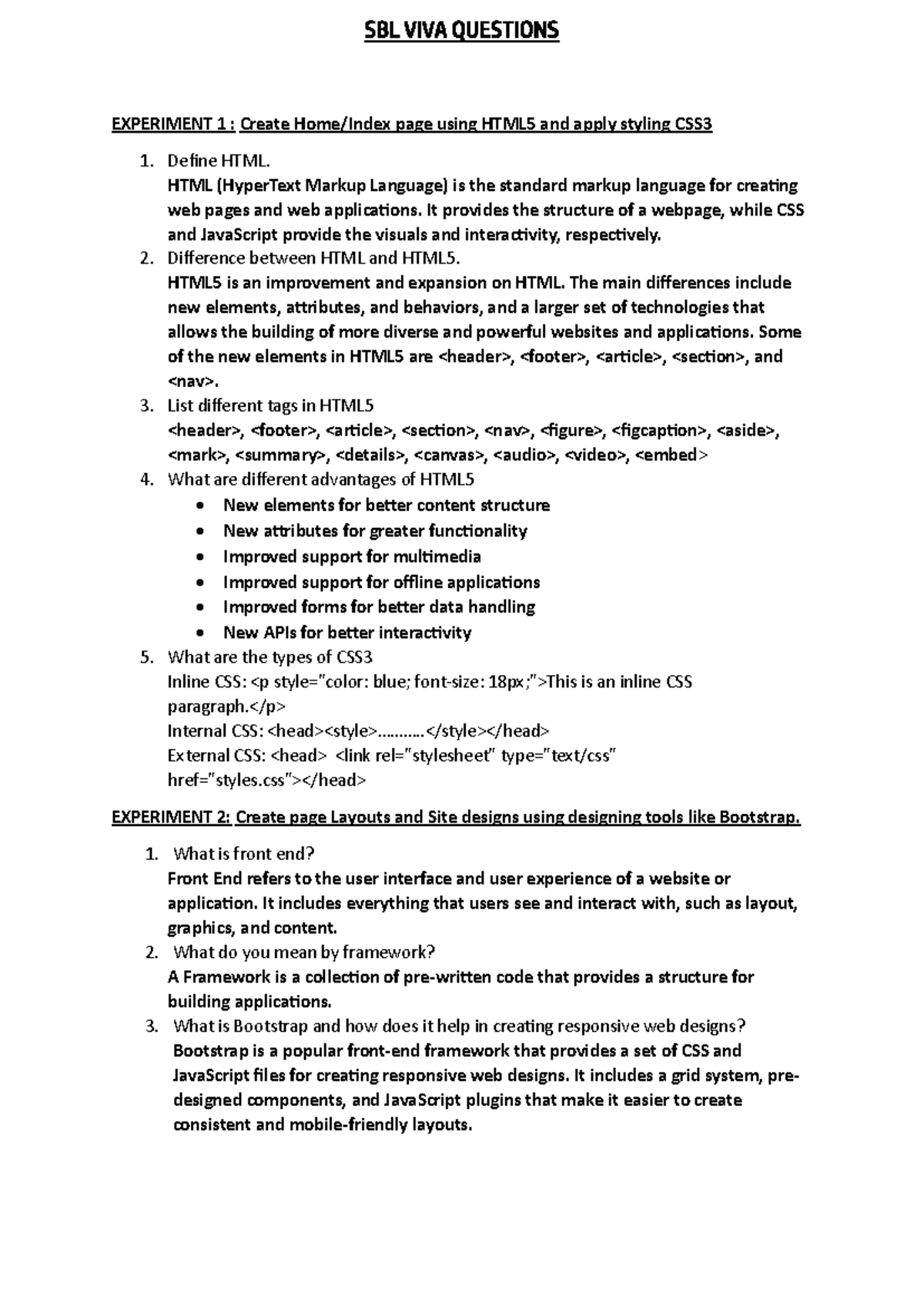 SBL VIVA - EXPERIMENT 1 : Create Home/Index page using HTML5 and apply styling CSS 1. Define ...