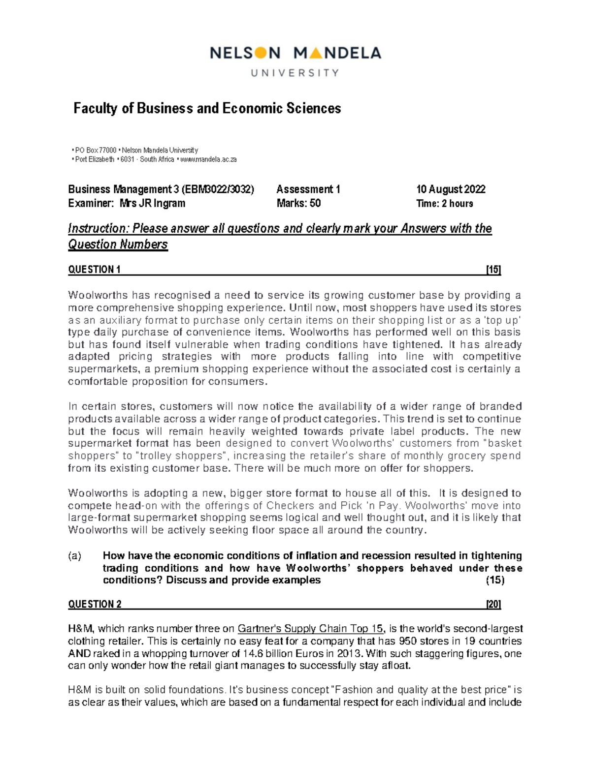 EBM3022 Assessment 1 2022 - Faculty of Business and Economic Sciences ...