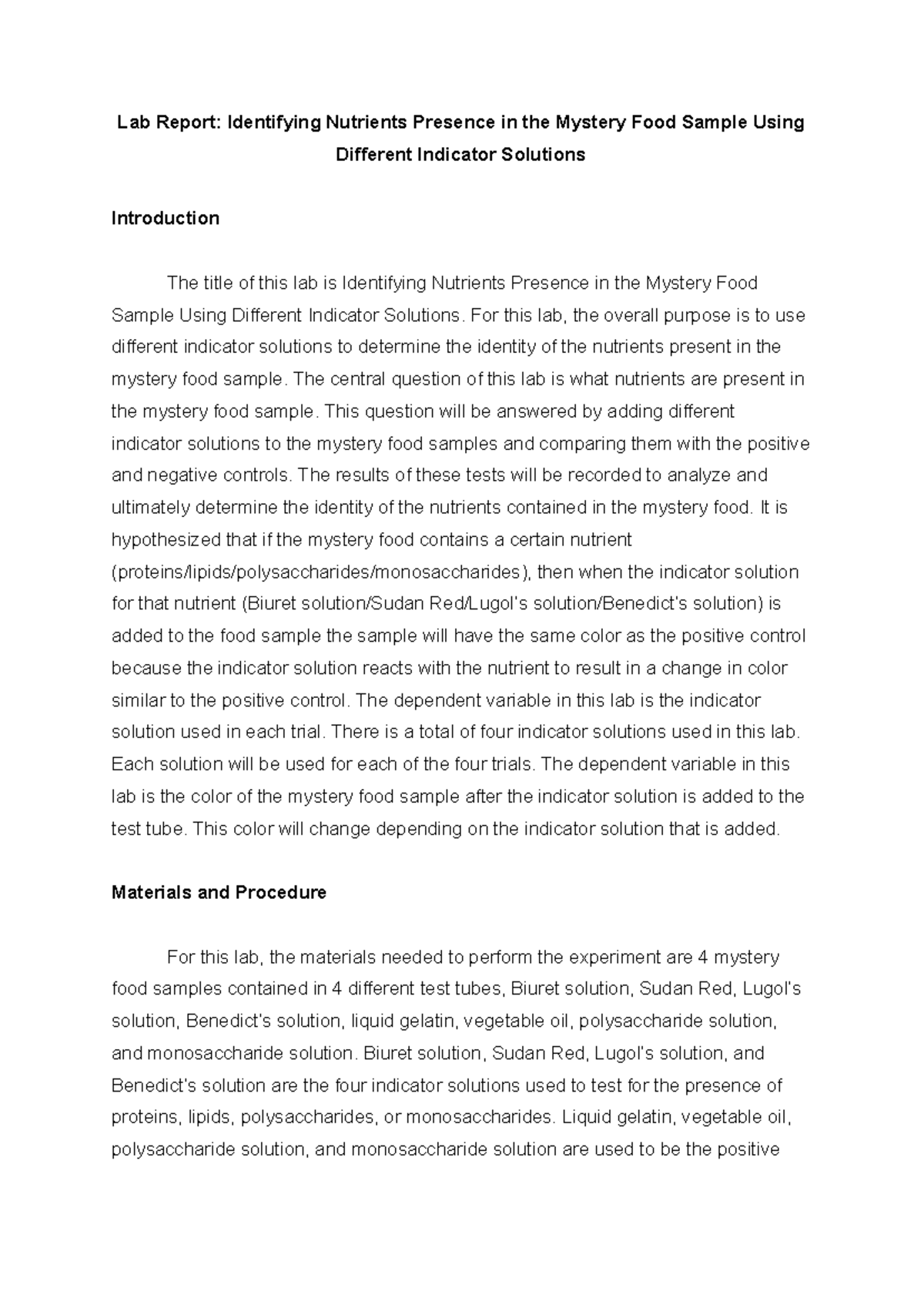 Blakes lab report - paid $60 for it - Lab Report: Identifying Nutrients ...