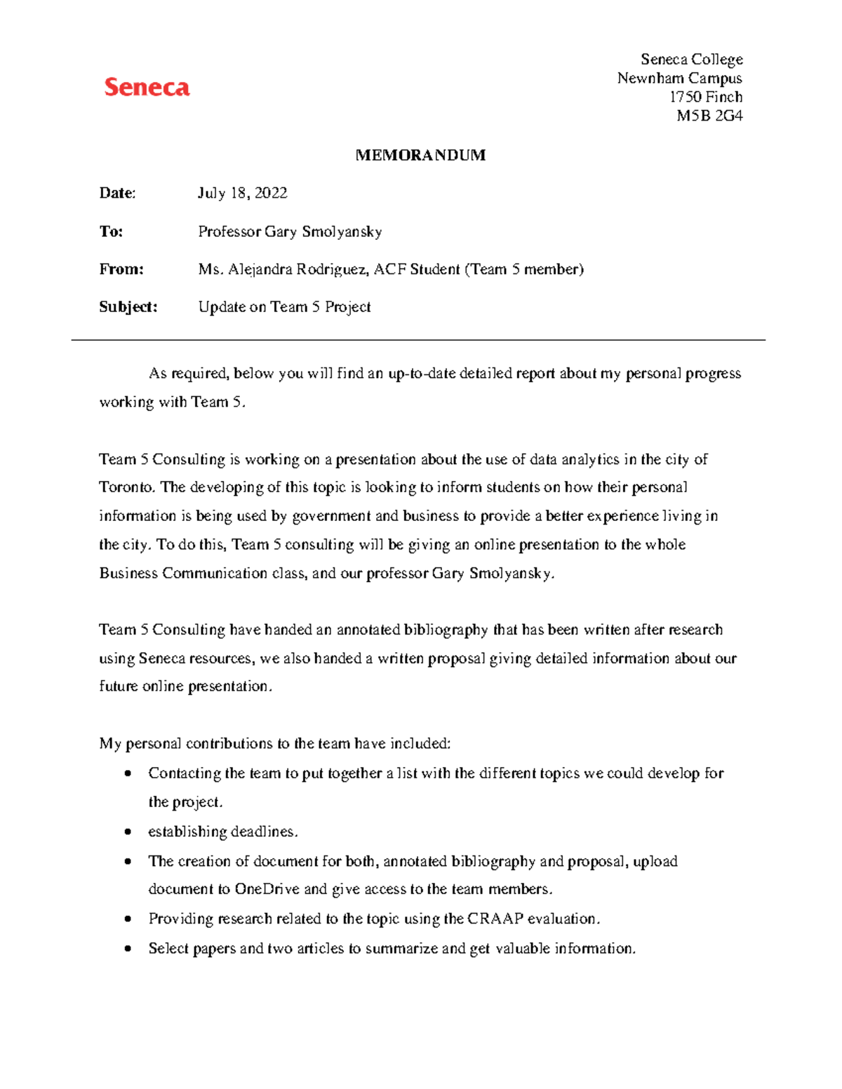 Progress report - Alejandra Rodriguez - Seneca College Newnham Campus ...