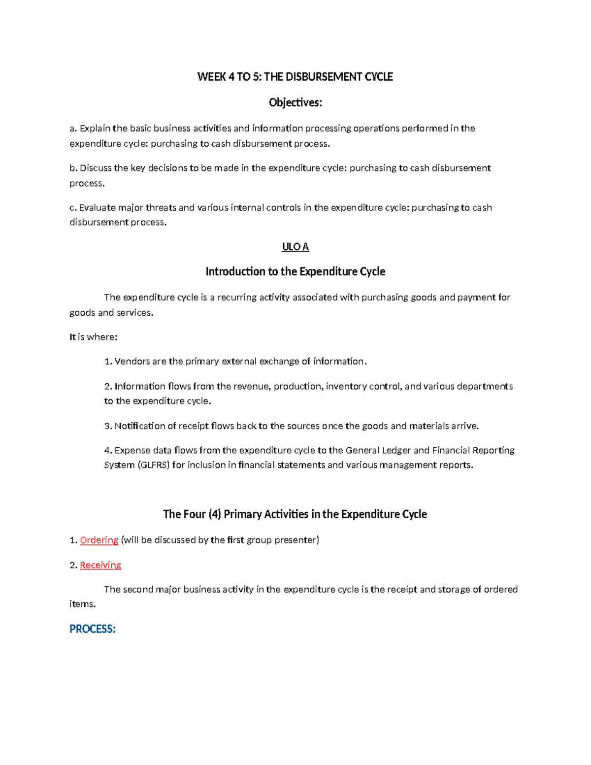 Disbursement Cycle Outline YAP - WEEK 4 TO 5: THE DISBURSEMENT CYCLE ...