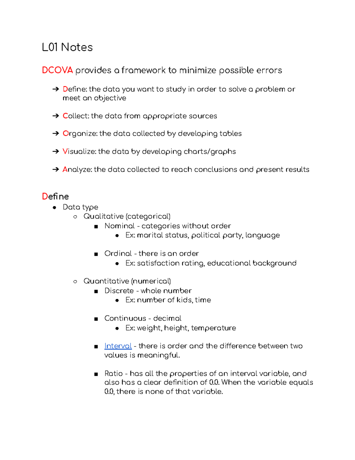 Key Notes - L01 Notes DCOVA provides a framework to minimize possible ...
