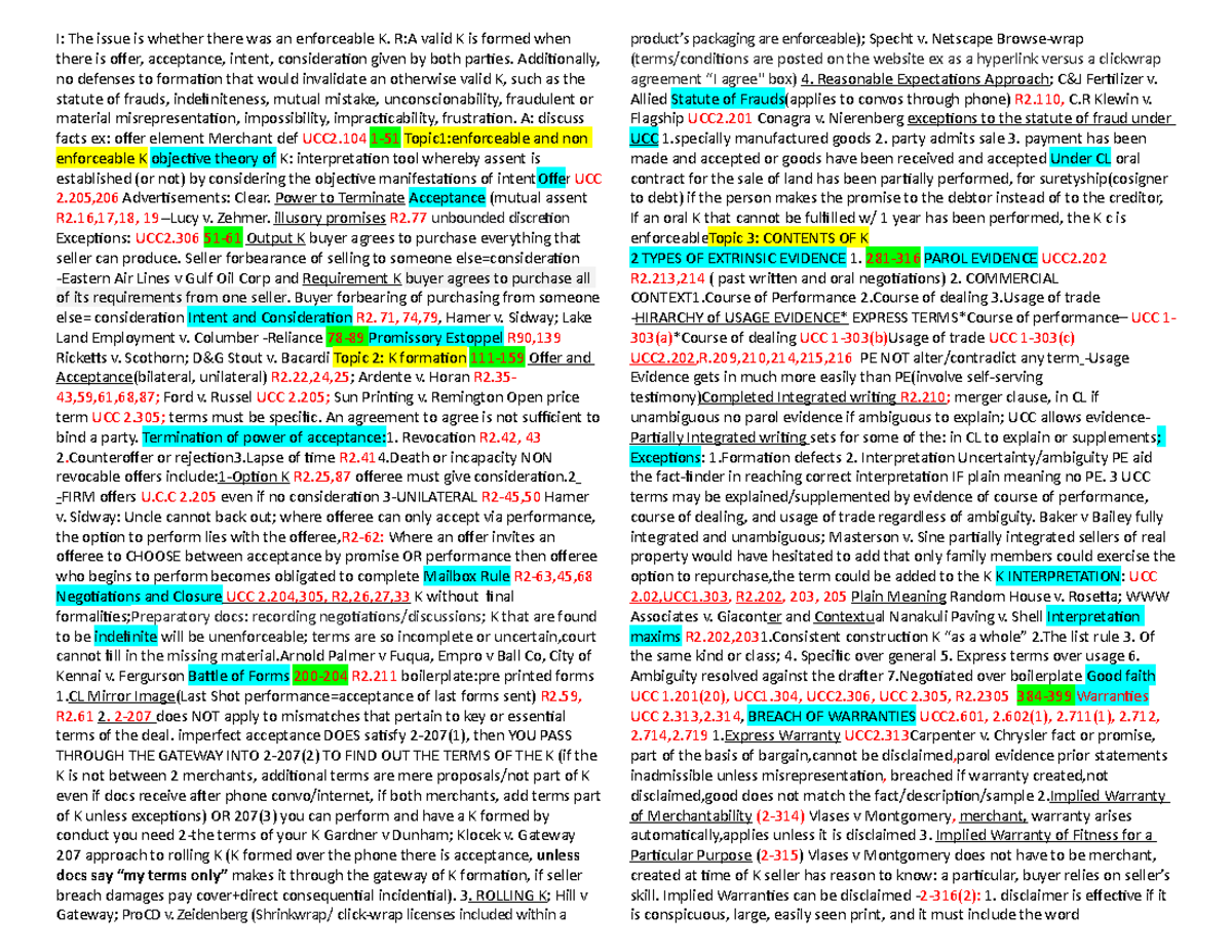 Attack sheet - I: The issue is whether there was an enforceable K. R:A ...