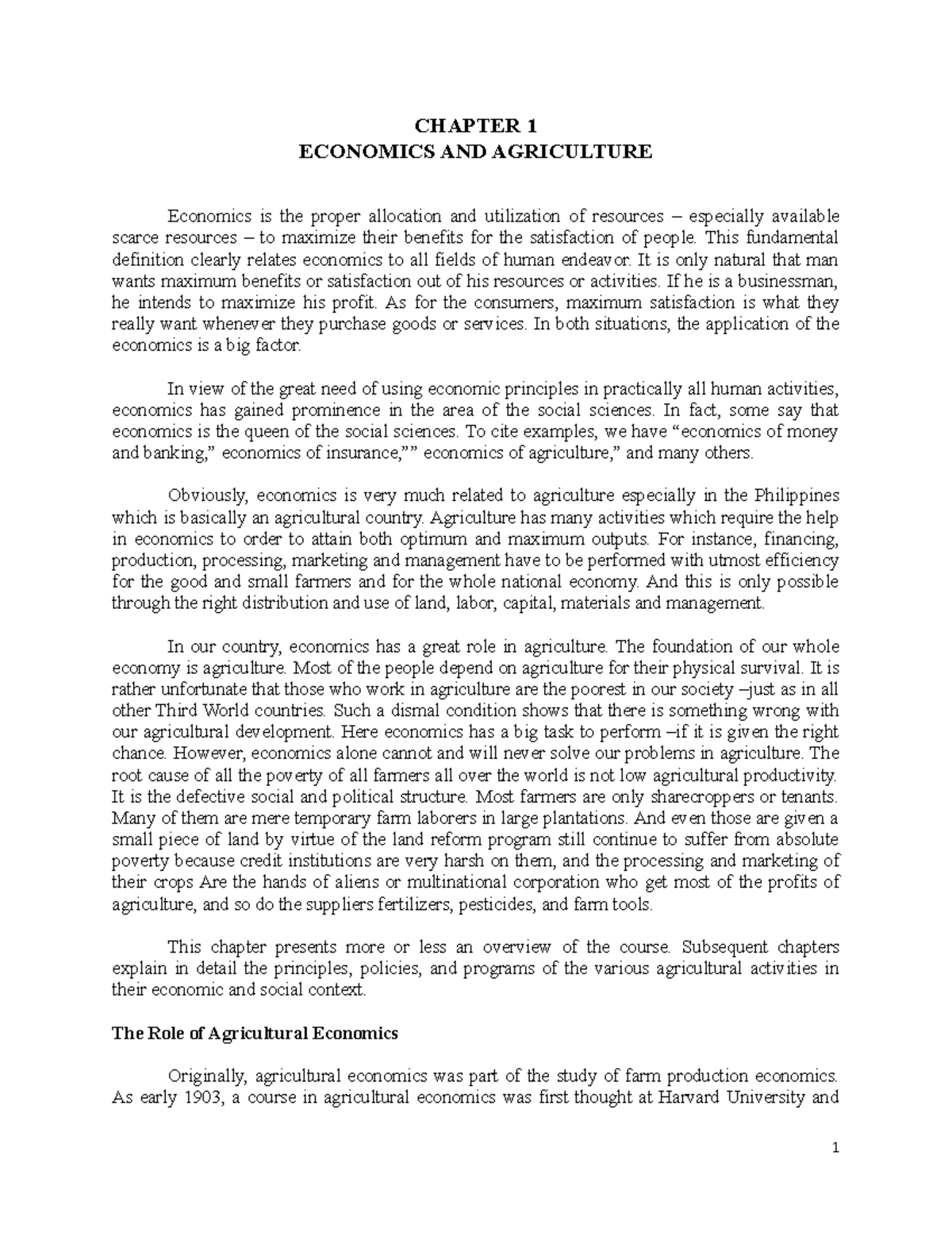 Agribusiness Module - Lecture notes 10 - CHAPTER 1 ECONOMICS AND ...