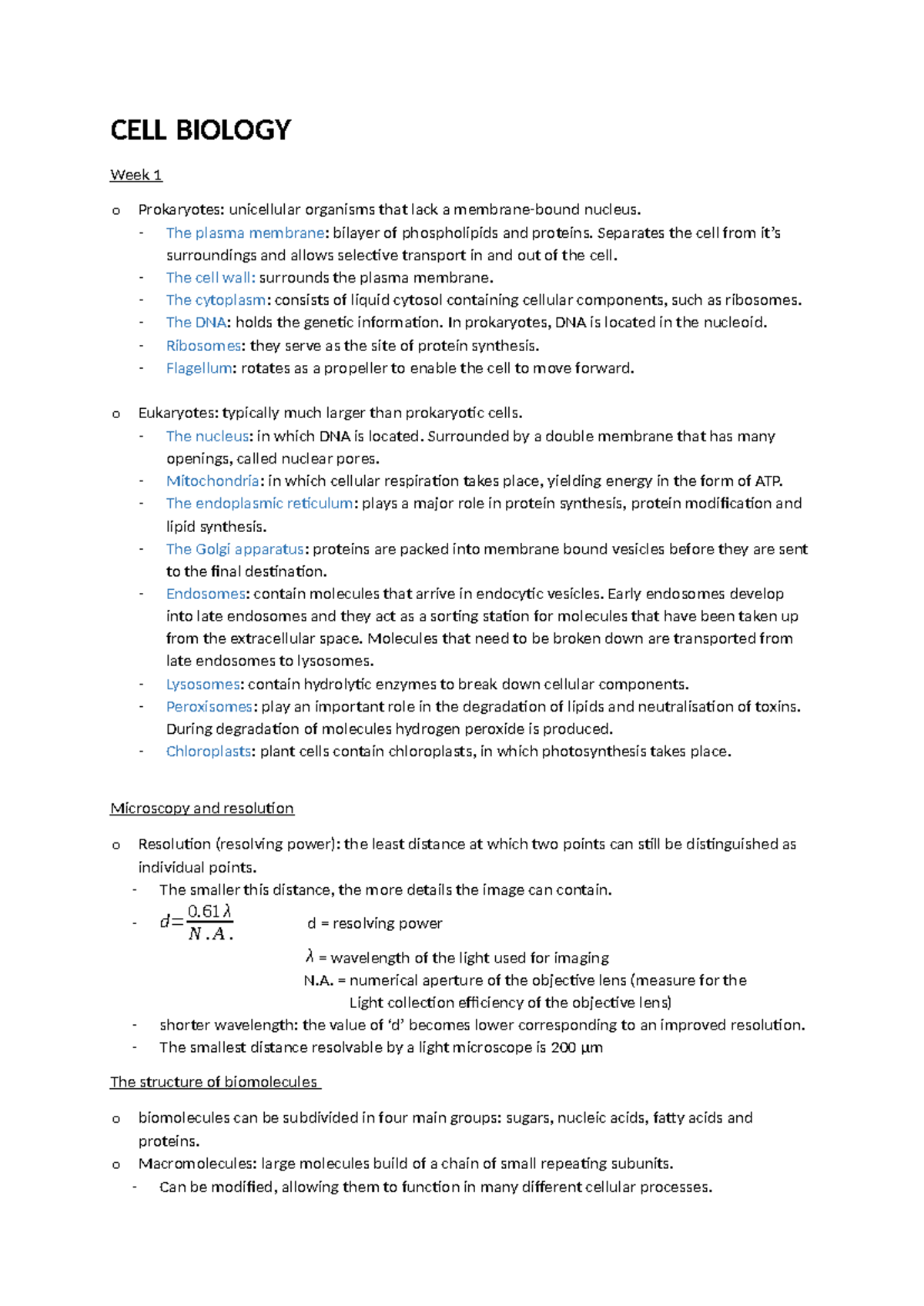 CELL Biology - CELL BIOLOGY Week 1 o Prokaryotes: unicellular organisms ...