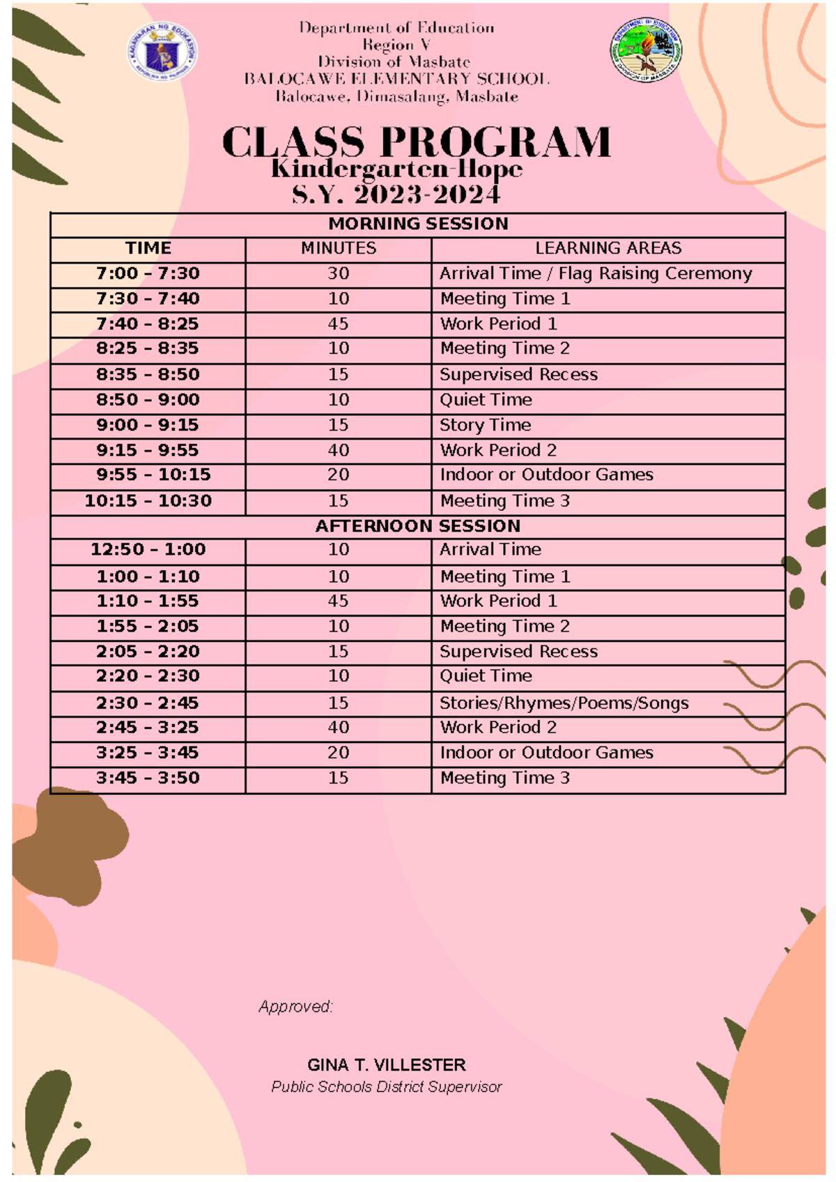 Class program kindergarten - MORNING SESSION TIME MINUTES LEARNING ...