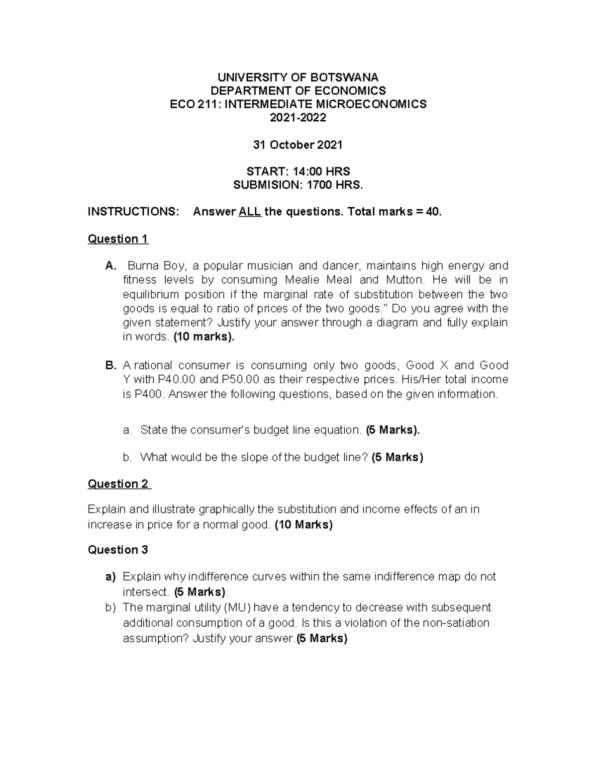 ECO 211 Test 1 2021 2022 31 10 2021 Revised 29 10 2021 - UNIVERSITY OF ...