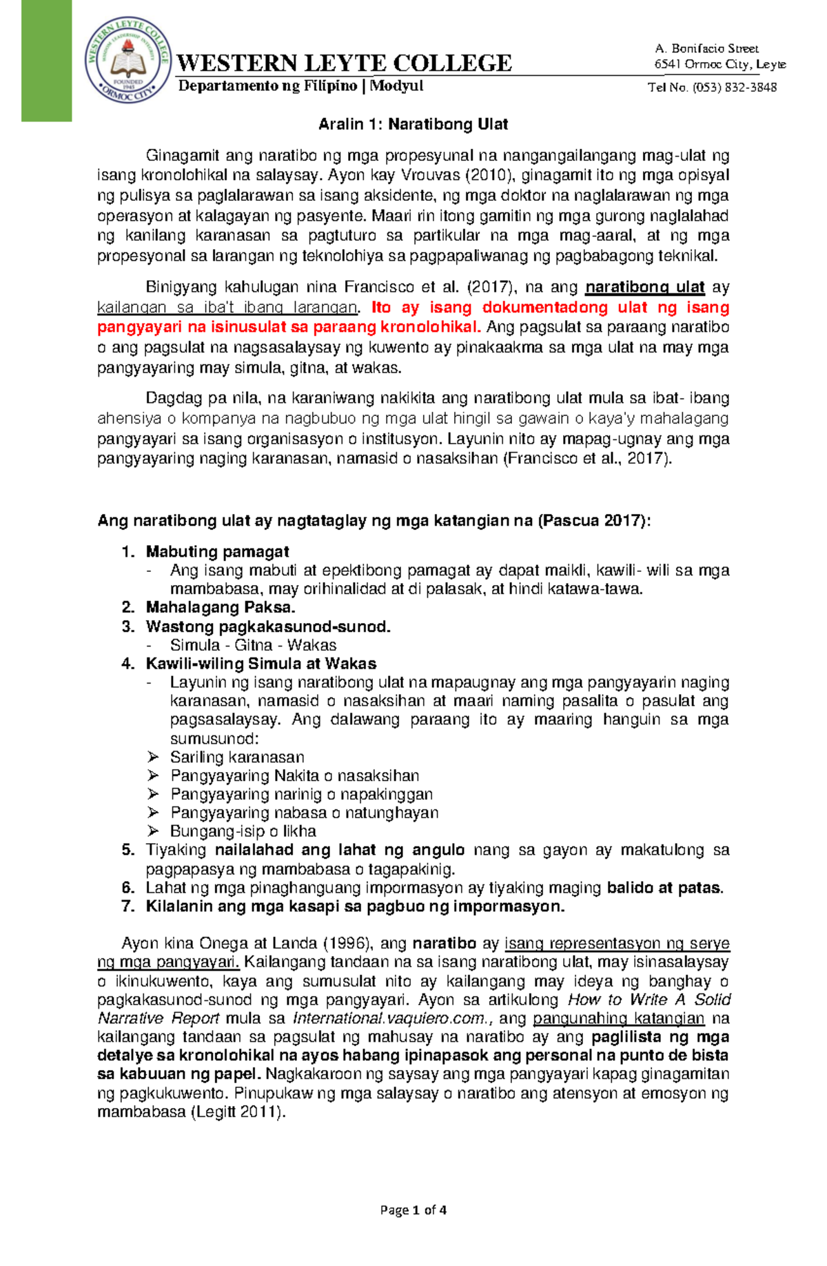 Finals- aralin 1 pagsulat ng naratibong ulat - WESTERN LEYTE COLLEGE Departamento ng Filipino ...