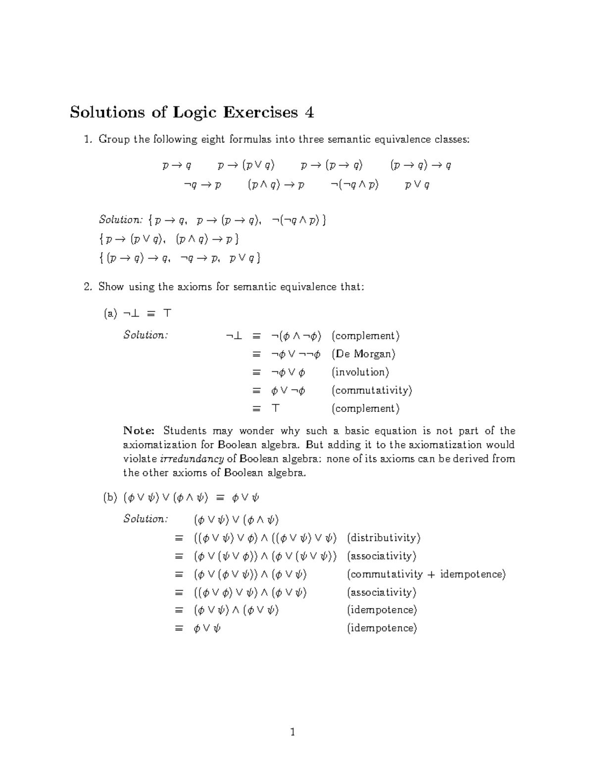 Logic week 4 lectures - Solutions of Logic Exercises 4 Group the following eight formulas into ...