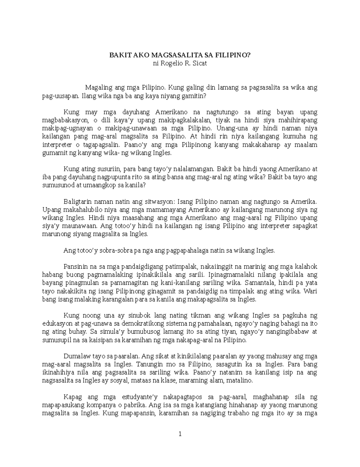 Repleksibong Sanaysay - BAKIT AKO MAGSASALITA SA FILIPINO? ni Rogelio R ...