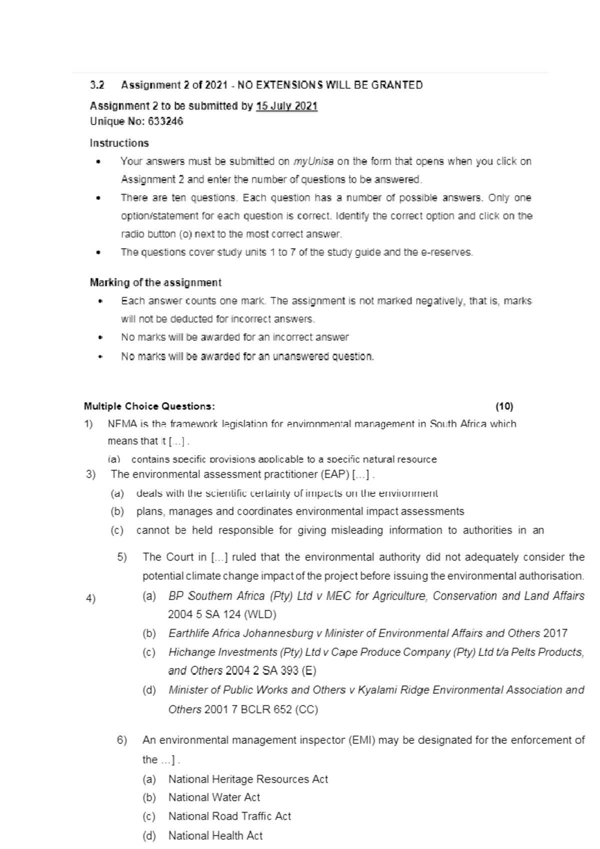 Enviro LAW 2021 Assignments - LCP4805 - Studocu