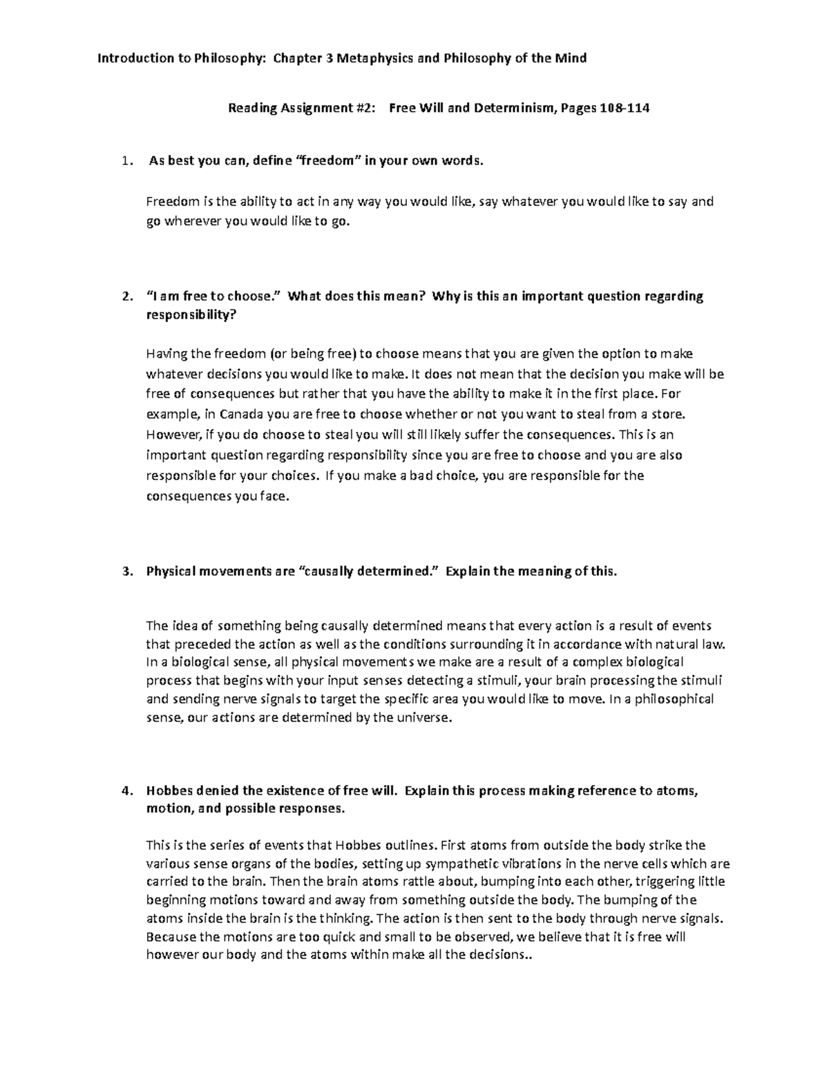 Free Will and Determinism Questions - Introduction to Philosophy ...