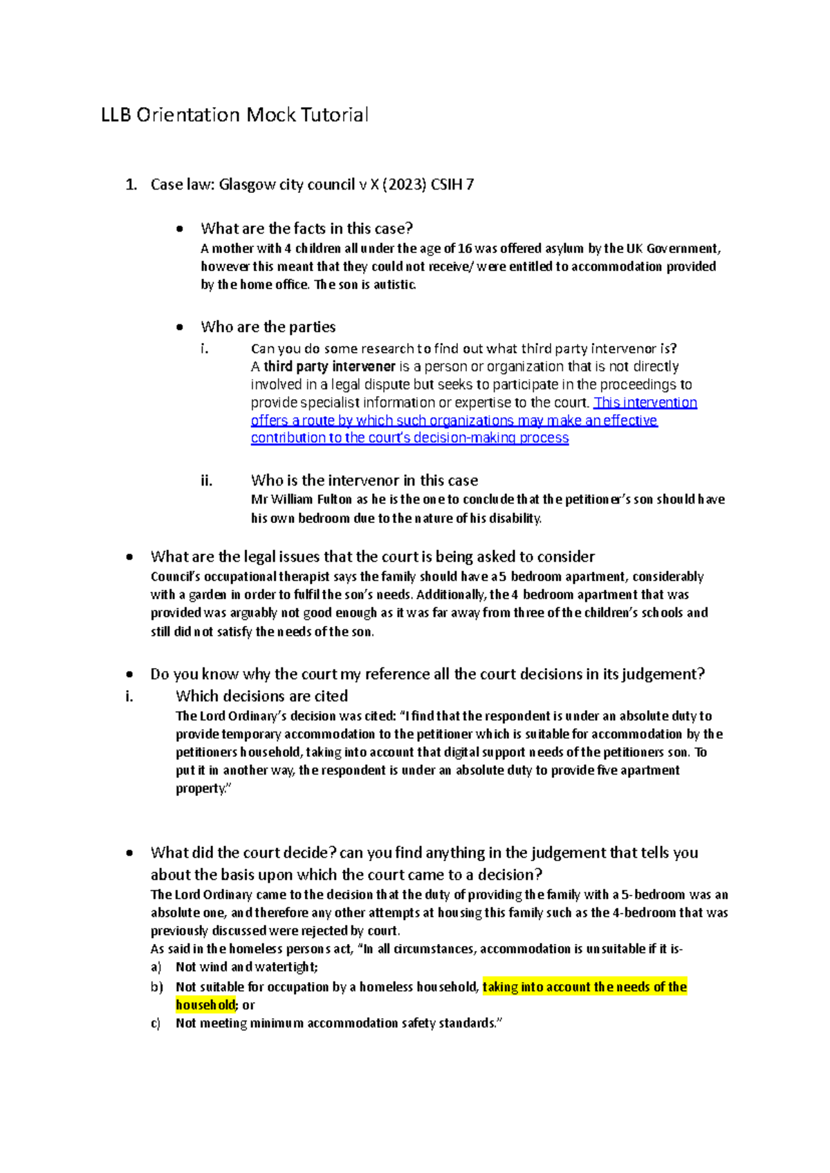 MOCK Tutorial - LLB Orientation Mock Tutorial 1. Case law: Glasgow city council v X (2023) CSIH ...