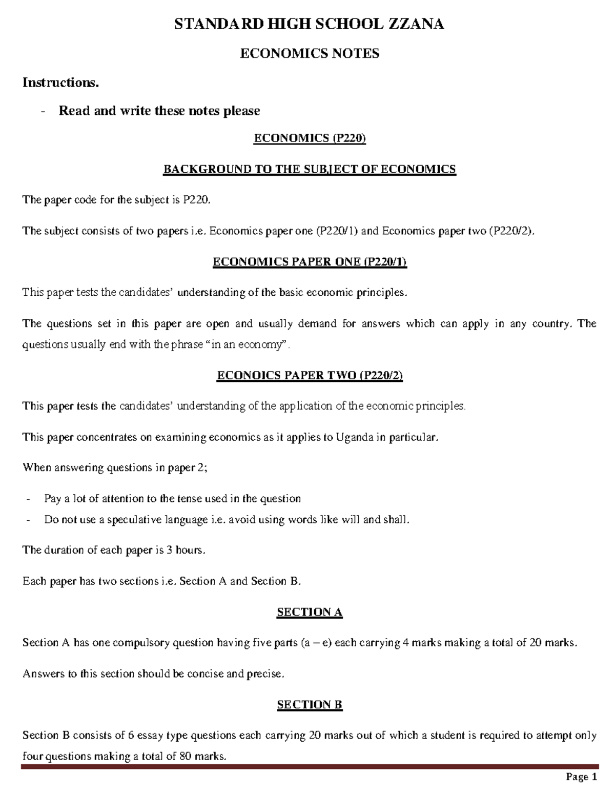 S - notes - STANDARD HIGH SCHOOL ZZANA ECONOMICS NOTES Instructions ...