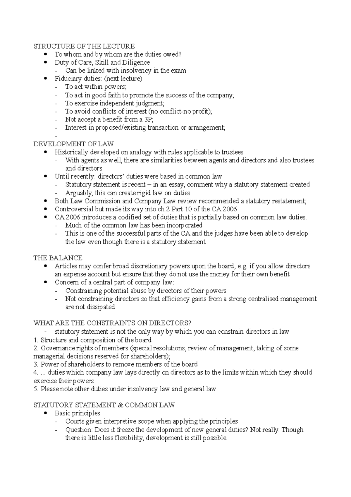 10. Directors Duties I - Lecture notes 10 - STRUCTURE OF THE LECTURE To ...