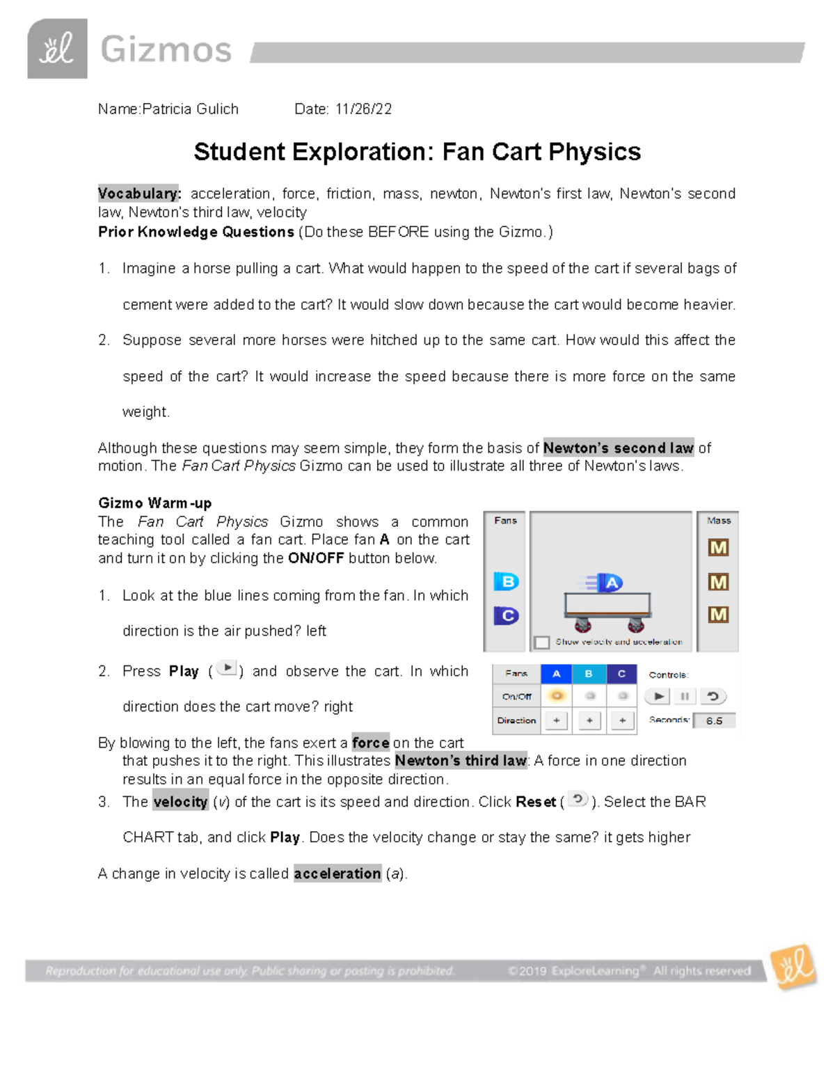 38 - LAB- Fan Cart Physics - Name:Patricia Gulich Date: 11/26/ Student ...