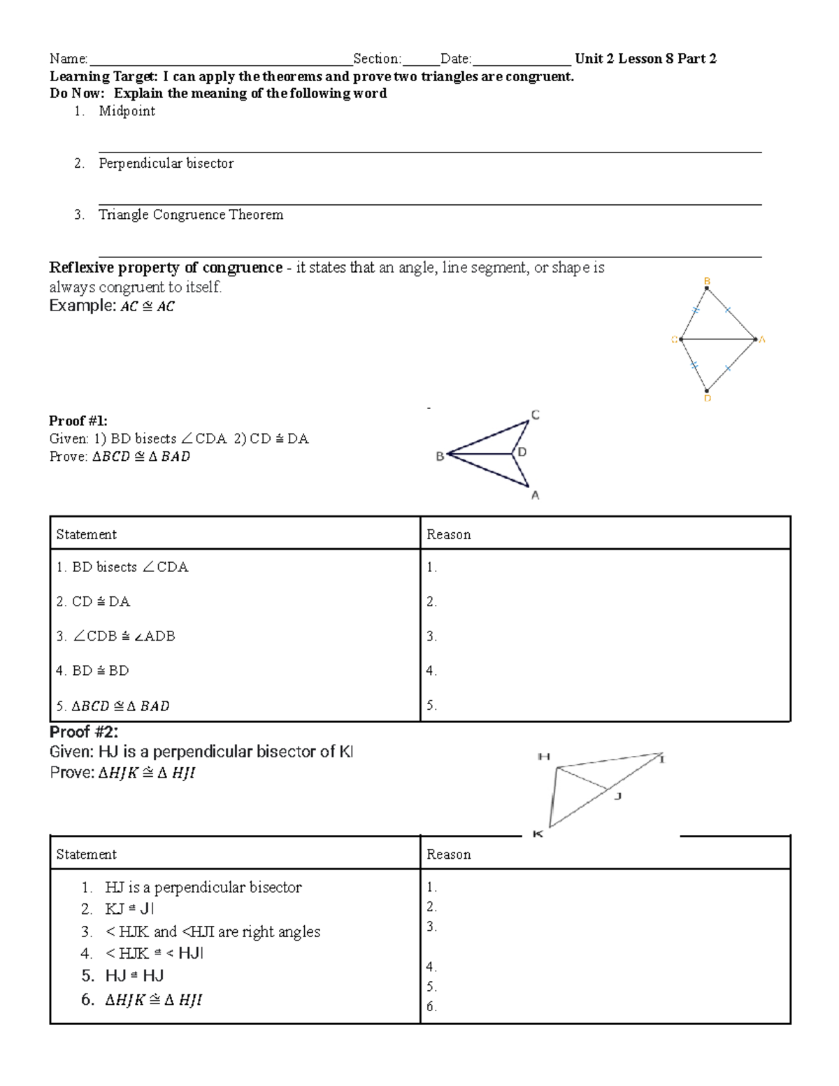 Unit 2 Lesson 8 Part 2 - Math assignment - Name:___________________________Section:Date: Unit 2 ...