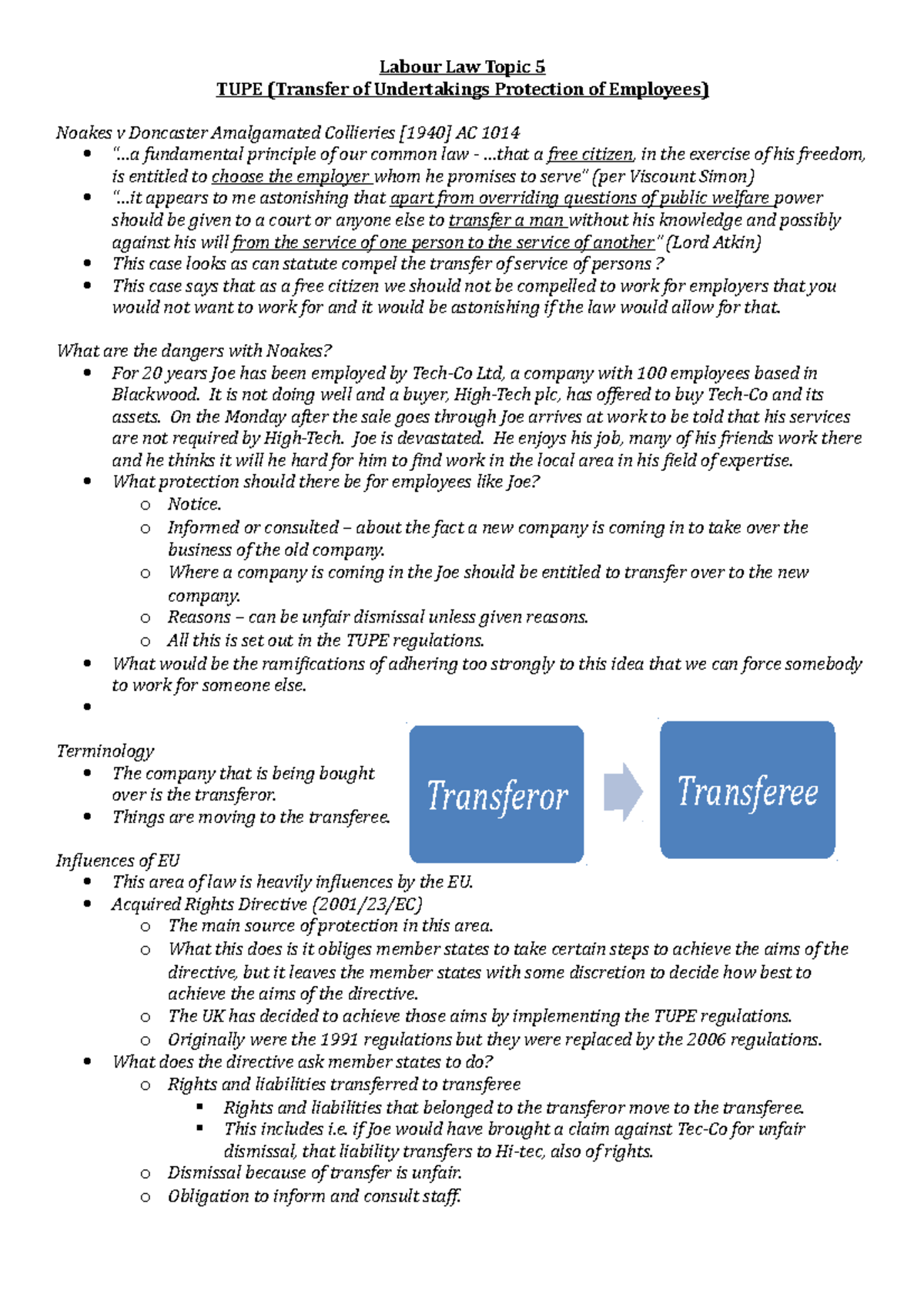 Labour Law Topic 5 TUPE - Lecture Notes - Labour Law Topic 5 TUPE ...