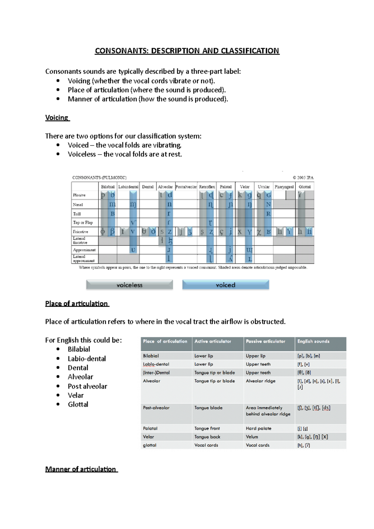 Consonants - Lecture notes 1 - CONSONANTS: DESCRIPTION AND ...