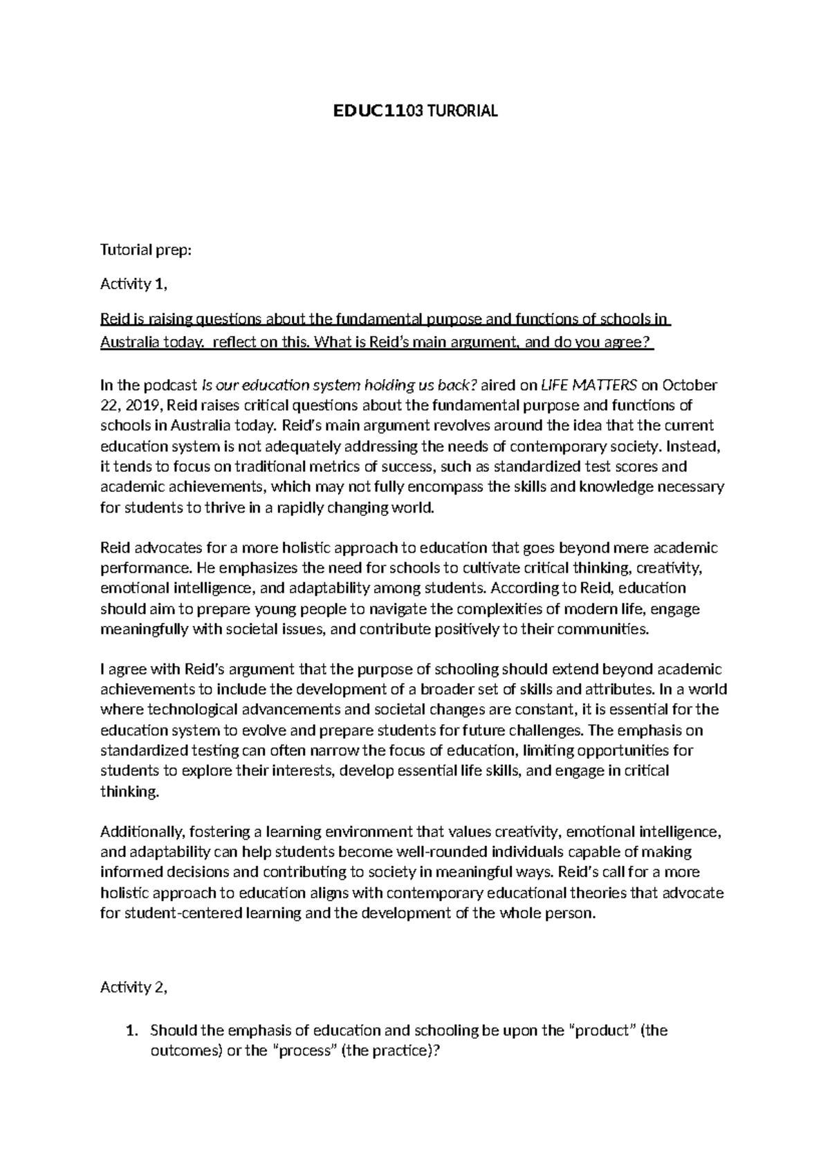 EDUC1103 Turorial 3 - tutorial 3 work/ notes - EDUC1103 TURORIAL ...