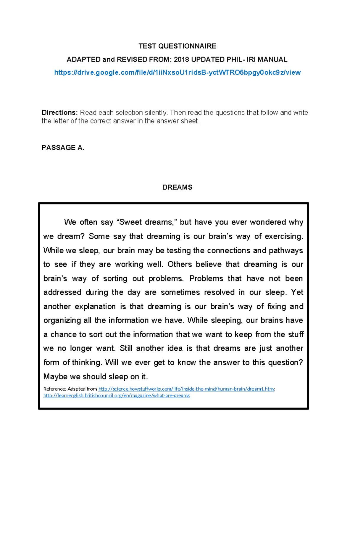 TEST- Questionnaire - Summary Bachelor of Secondary Education - TEST ...