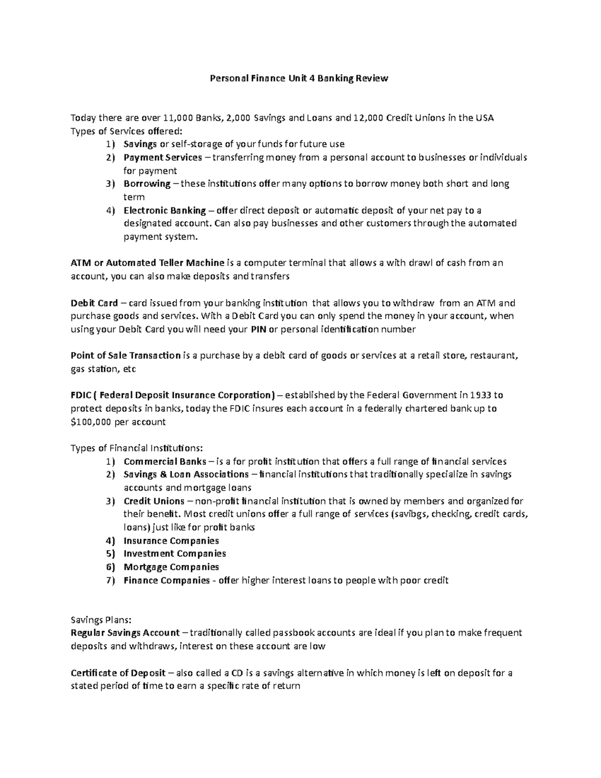 Personal+Finance+Unit+4+Banking+Review - Personal Finance Unit 4 ...