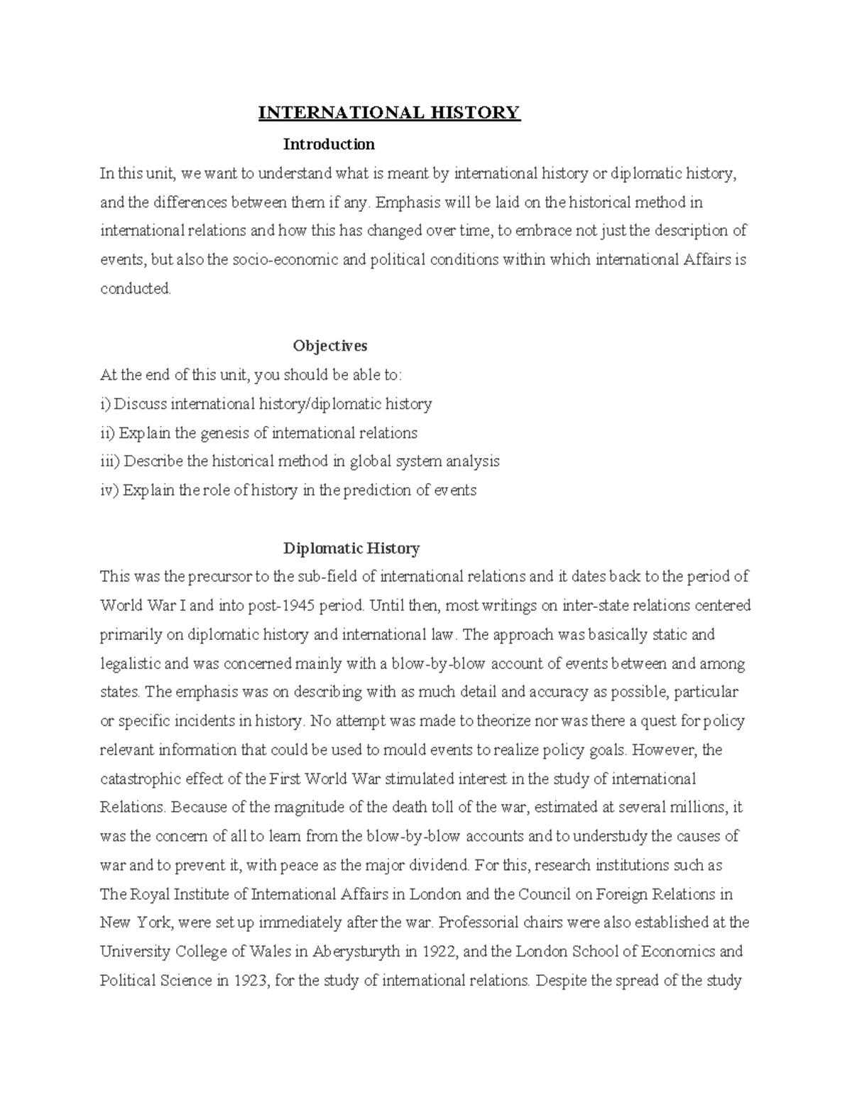 International History - Emphasis will be laid on the historical method ...