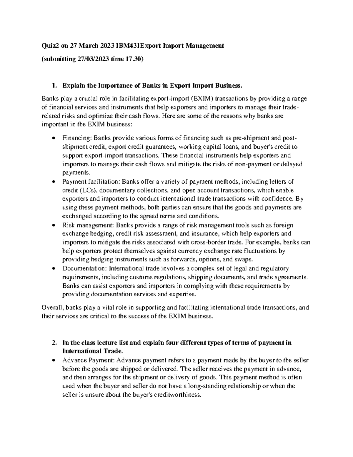 IBM431 Quiz 2 questions and answers - Quiz2 on 27 March 2023 ...