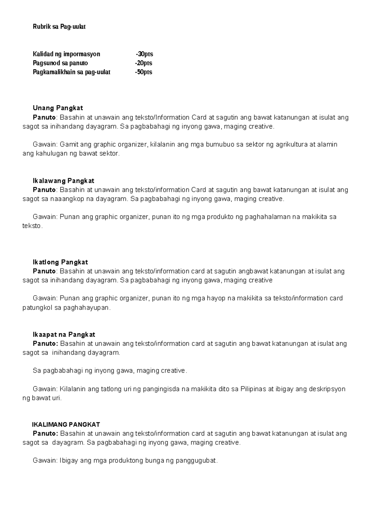 Rubrik sa Pag - Rubrik sa Pag-uulat Kalidad ng impormasyon -30pts ...