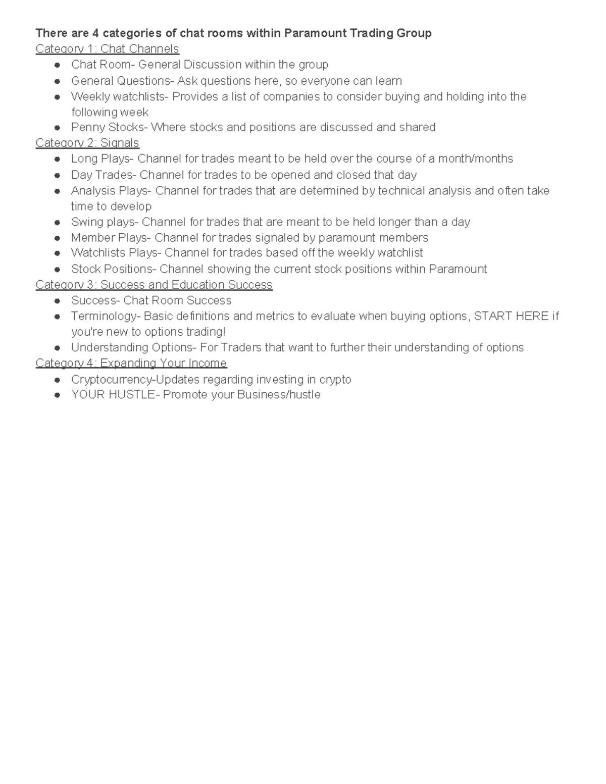 Paramount Trading Table of Contents 1 - There are 4 categories of chat ...