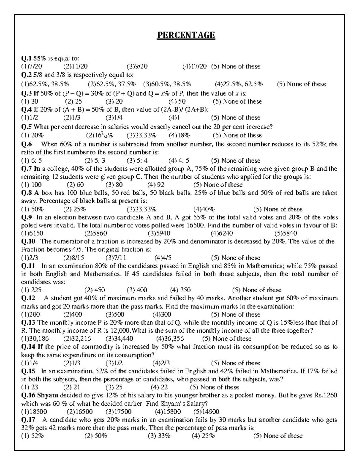 Percentage - Aptitude - PERCENTAGE Q 55% is equal to: (1)7/20 (2)11/20 ...