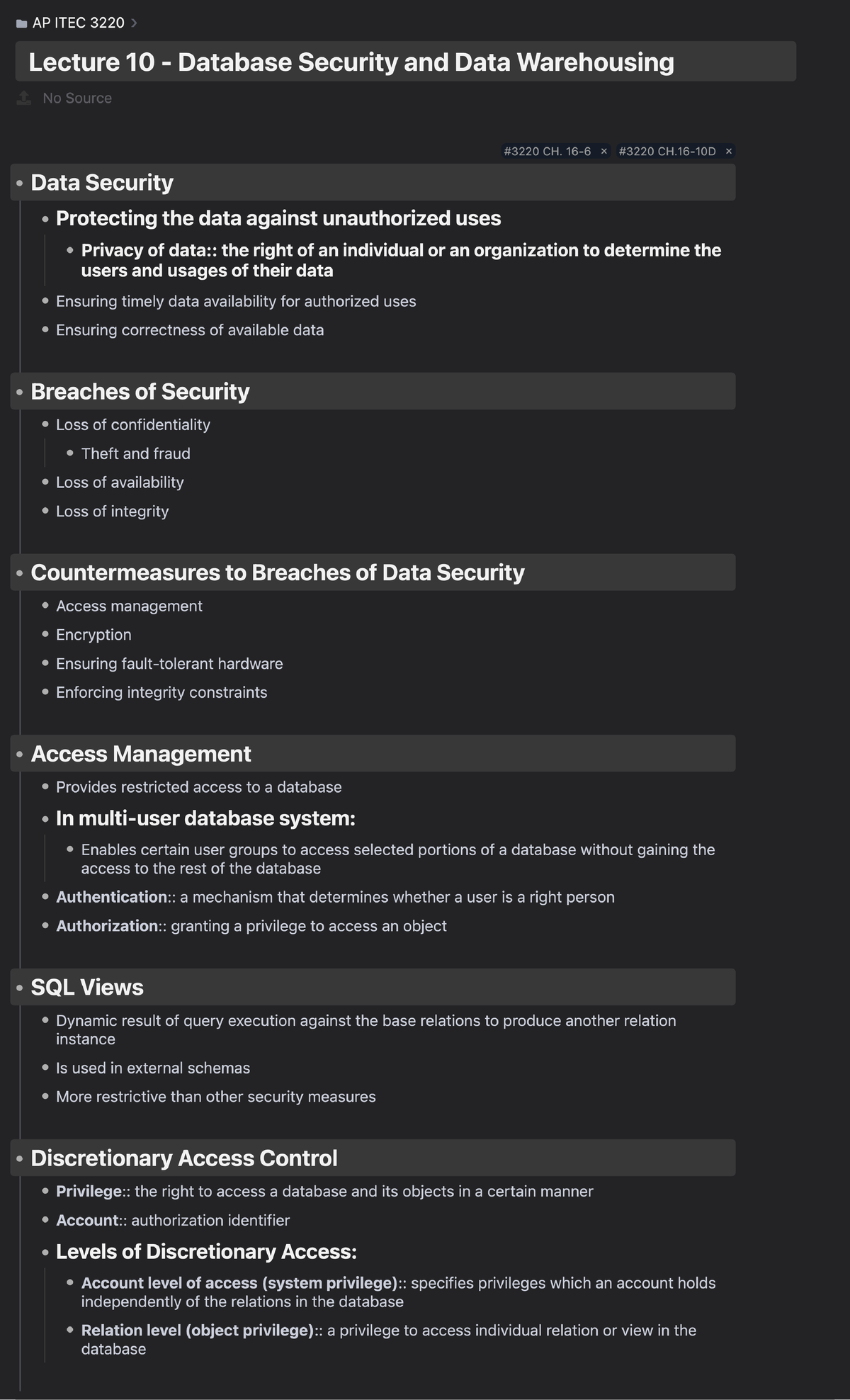 Lecture 10 - Database Security and Data Warehousing - AP/ITEC 3220 - Studocu