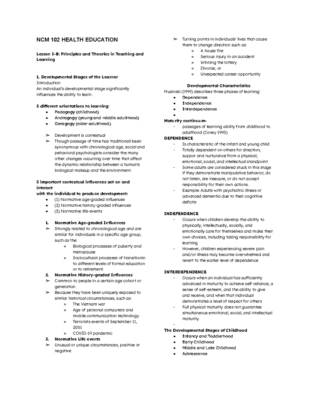 Health-Education - NCM 102 HEALTH EDUCATION Lesson I-B: Principles and ...