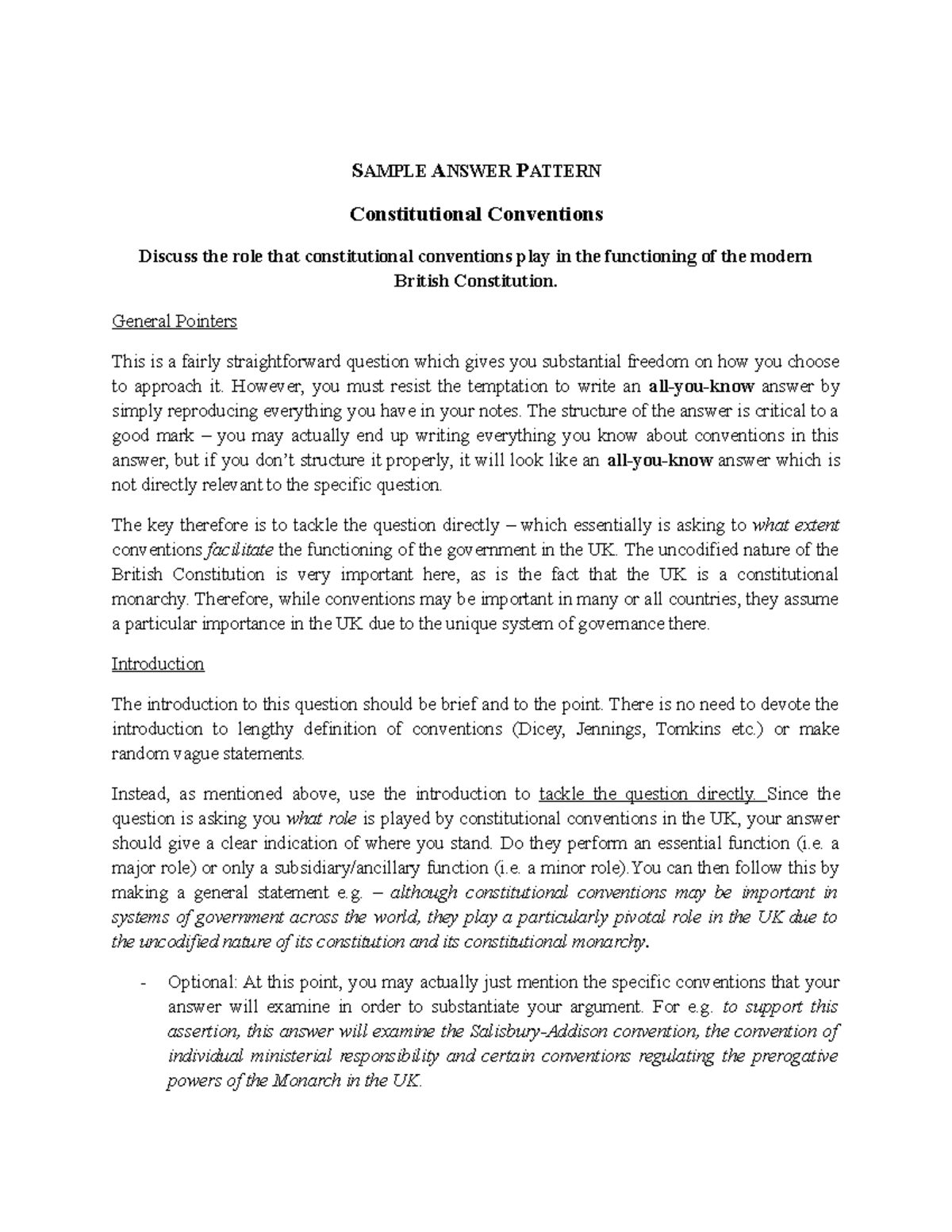 Sample Answer Pattern - Constitutional Conventions - SAMPLE ANSWER PATTERN Constitutional - Studocu