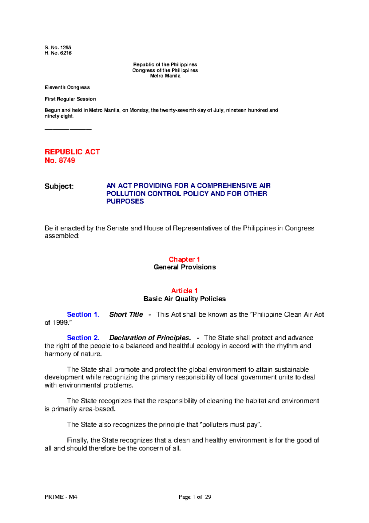 RA 8749 - RA LAWS - S. No. 1255 H. No. 6216 Republic of the Philippines ...