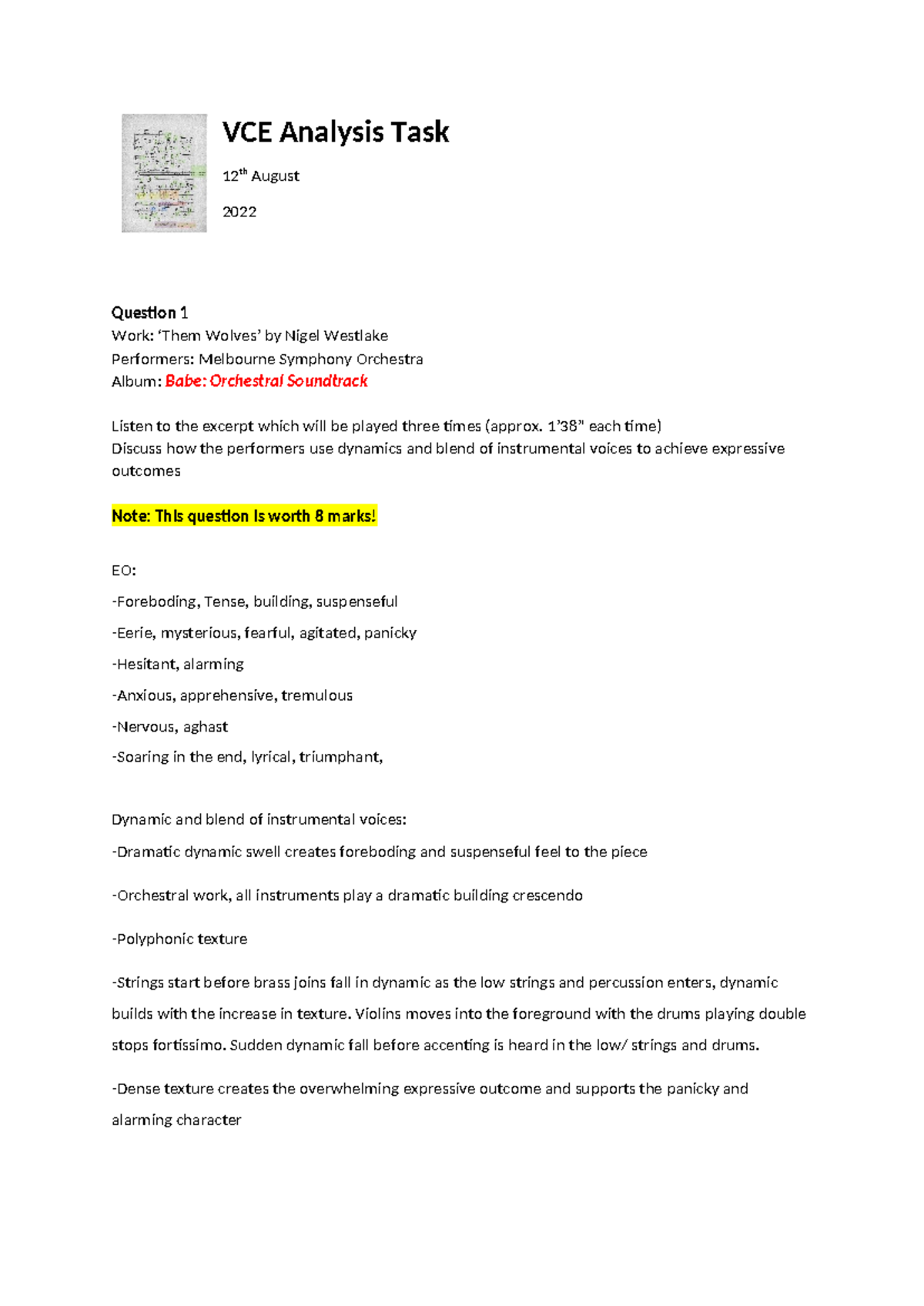 VCE Analysis Task - 1’38” each time) Discuss how the performers use ...