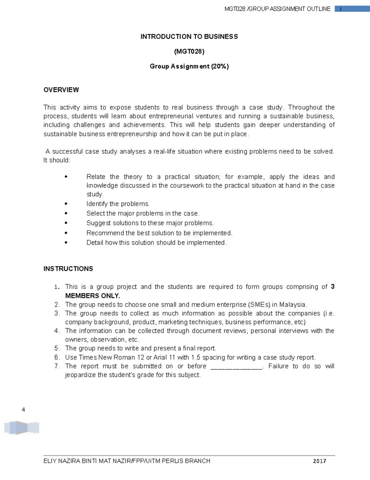 Group Assignment Outline E - MGT028 /GROUP ASSIGNMENT OUTLINE 1 4 ...