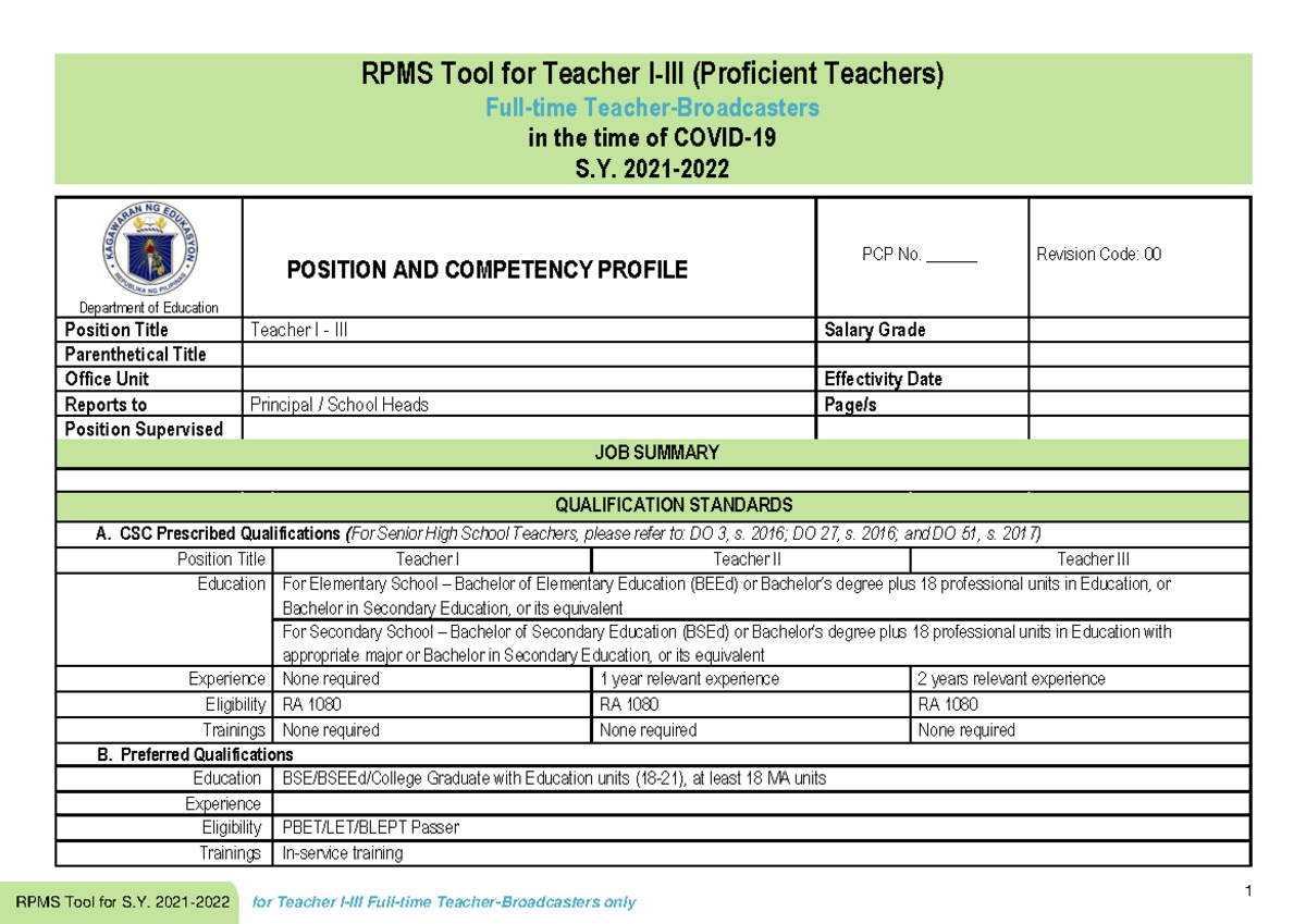 [Appendix 2A] RPMS Tool for Proficient Teacher-Broadcasters SY 2021 ...