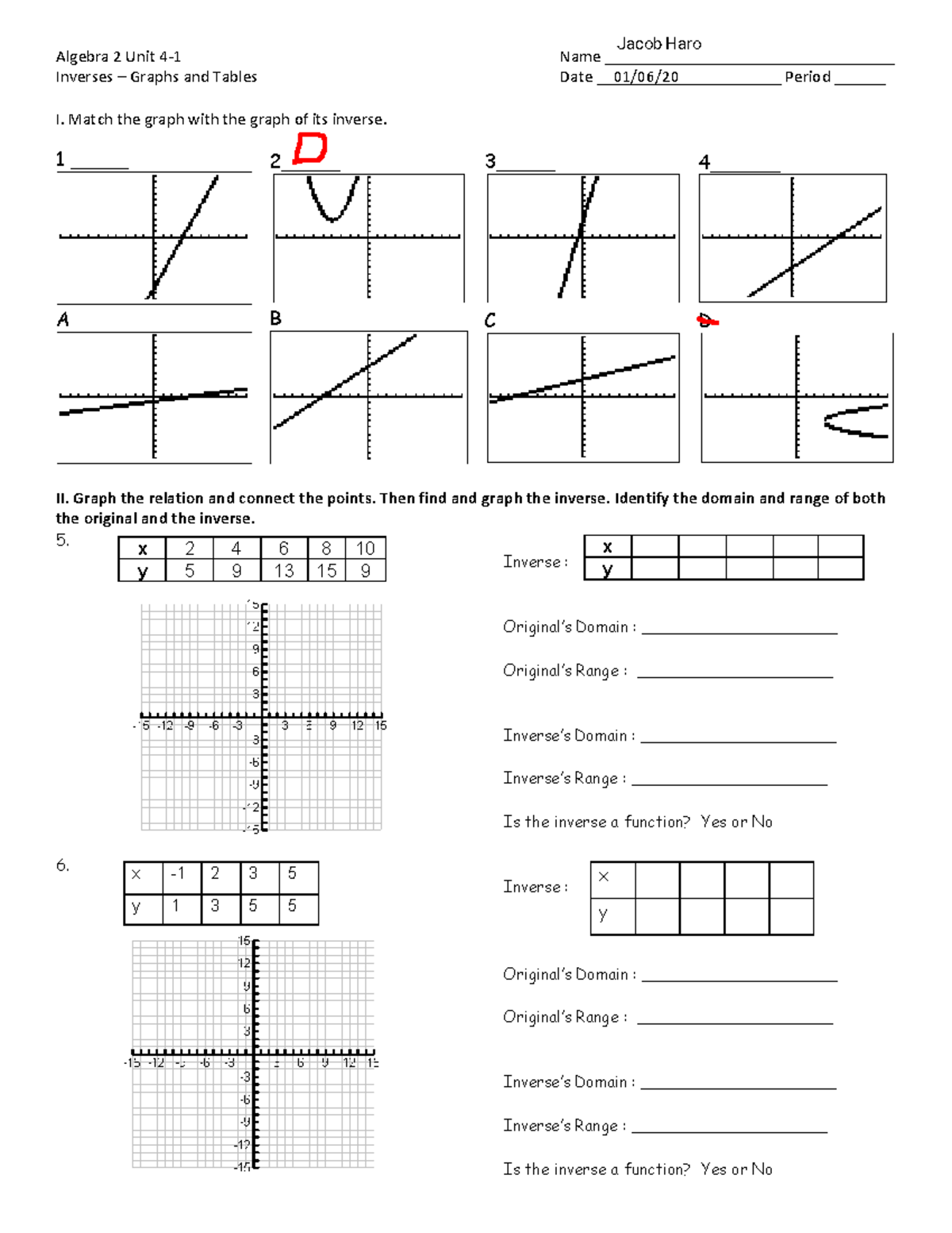 - 1.3 Inverses Graph Table Practice - x y Algebra 2 Unit 4 ‐ 1 Name ...