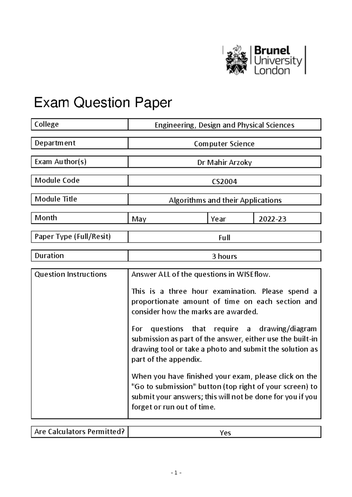 2022-2023 - CS2004 Examination Paper Question Paper - Exam Question Paper College Engineering ...