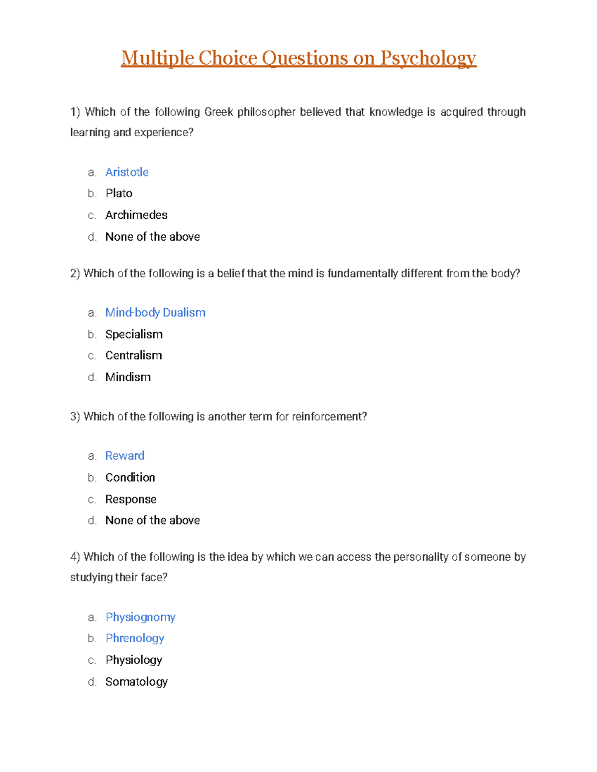 Psychology Questions MCQ - Multiple Choice Questions on Psychology ...