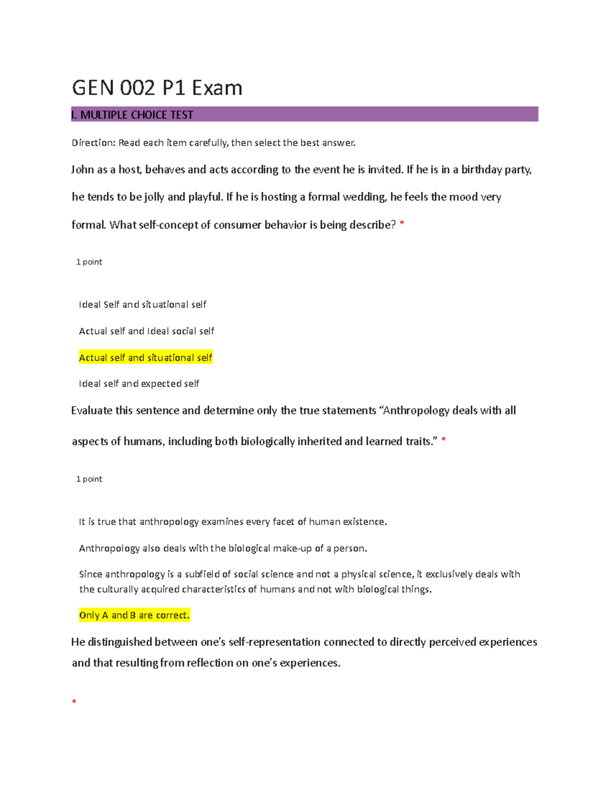 GEN 002 P1 Exam - ttttttttttttt - GEN 002 P1 Exam I. MULTIPLE CHOICE ...