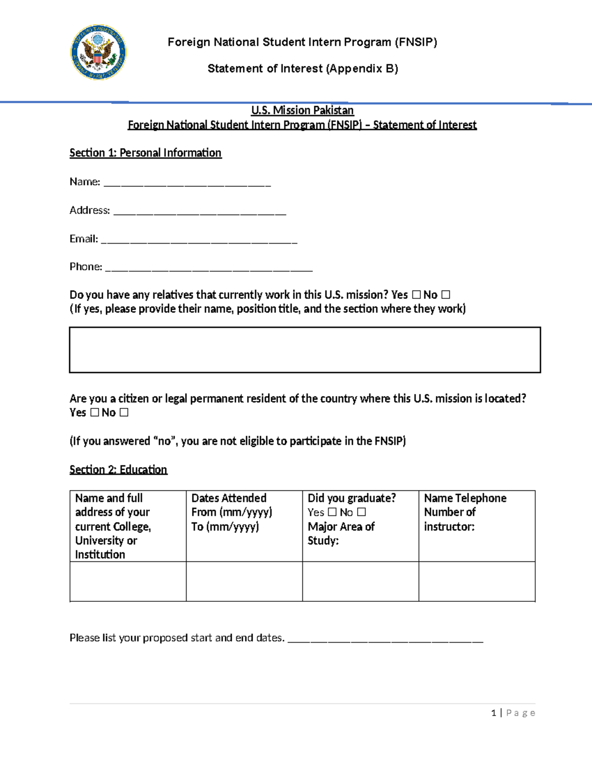 Appendix B-Statement of Interest - Foreign National Student Intern ...