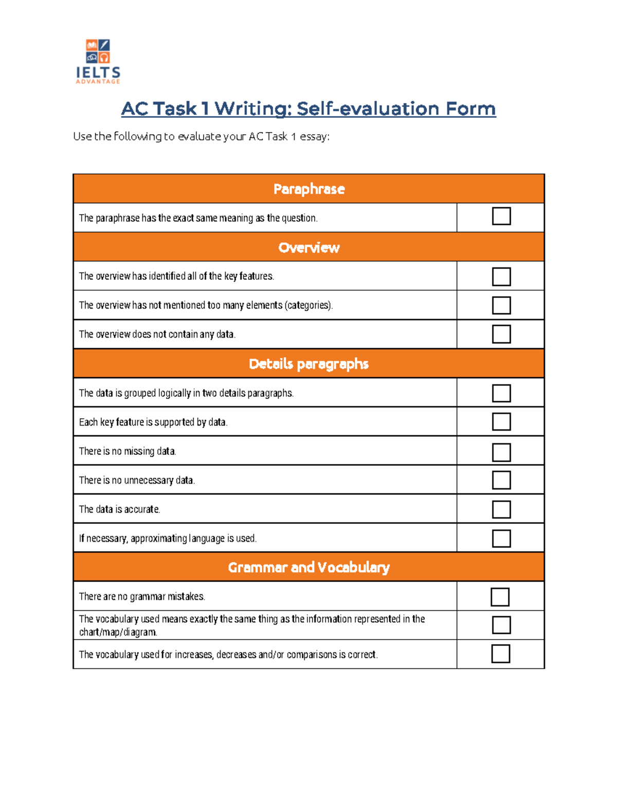 Writing Self-Evaluation Form - AC Task 1 Writing: Self-evaluation Form ...