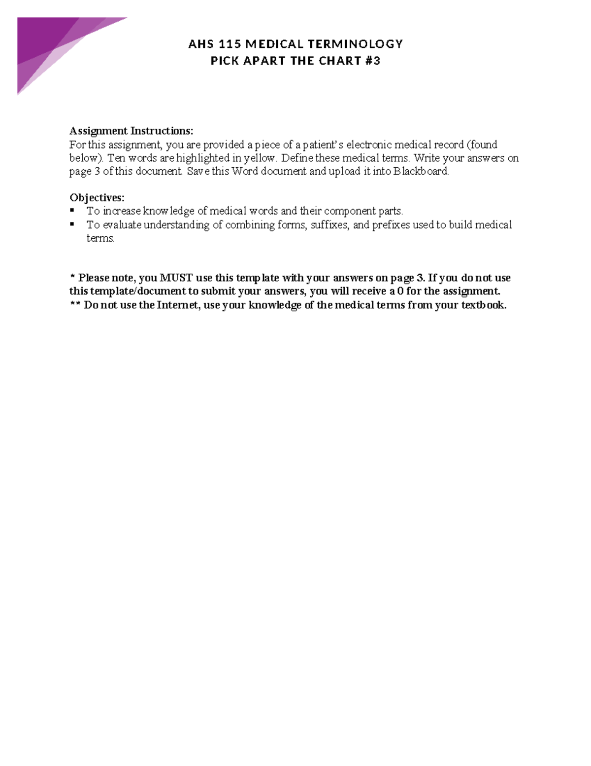 Pick Apart the Chart #3 - AHS 115 MEDICAL TERMINOLOGY PICK APART THE ...
