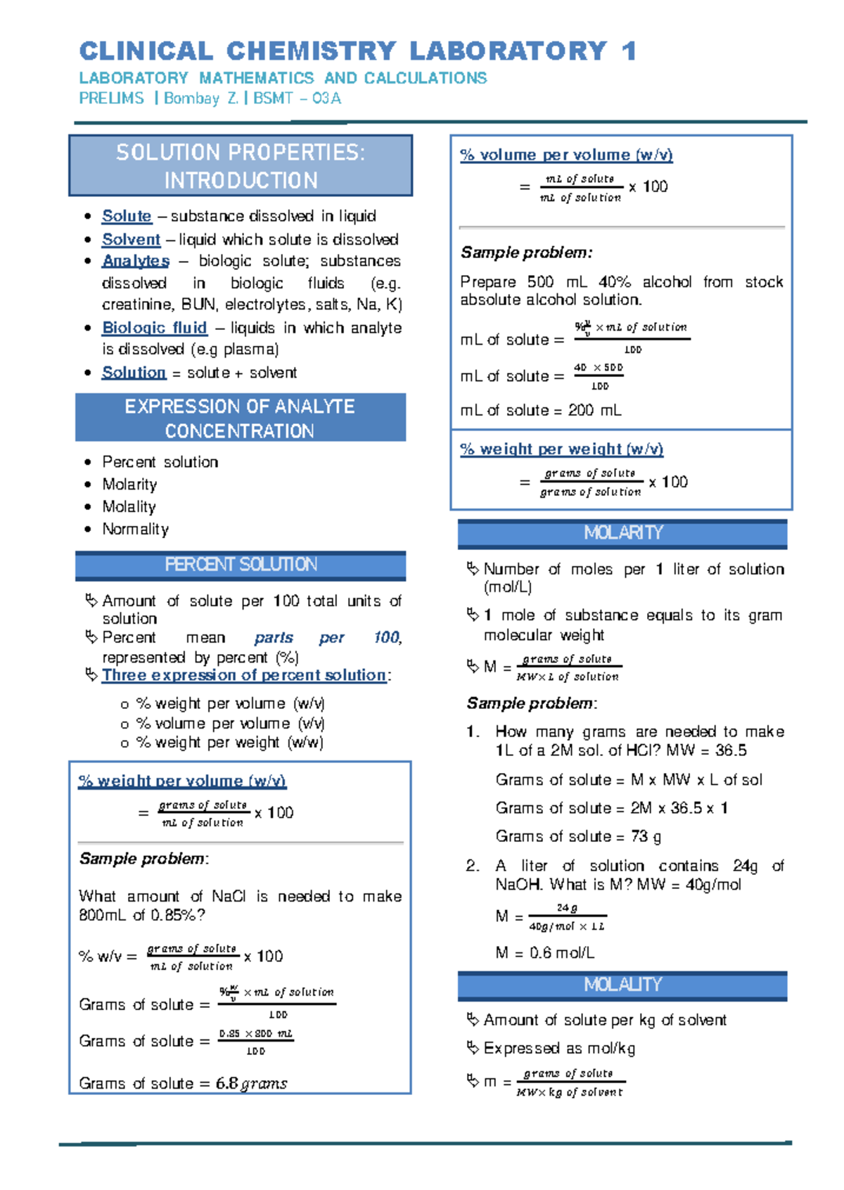 LMC - N/a - CLINICAL CHEMISTRY LABORATORY 1 LABORATORY MATHEMATICS AND ...